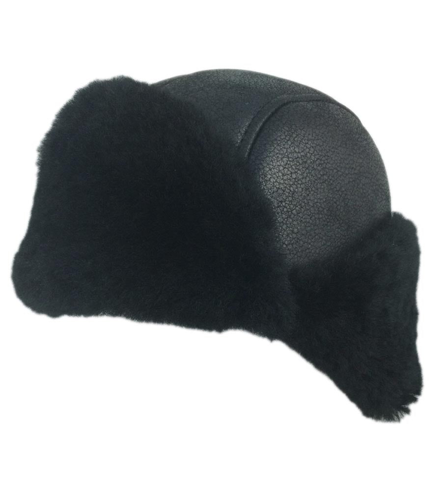 Shearling Pilot's Hat | Black Sheepskin Leather & Black Wool ...
